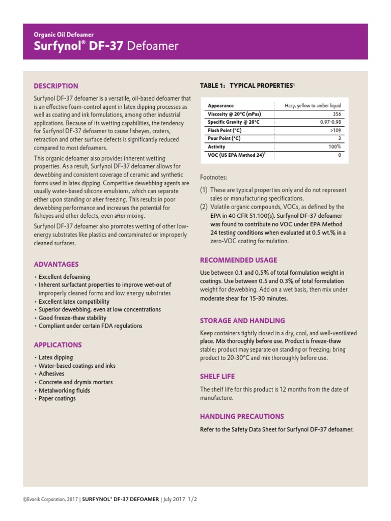 Evonik-Surfynol DF-37 Dewebbing (Defoamer) Latex Gloves | PDF | Wetting ...