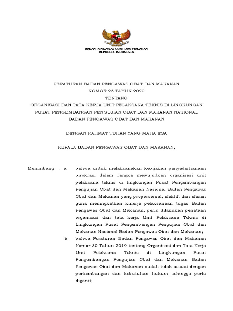 Perbpom No 23 Tahun 2020 Tentang Otk P3omn Bpom Salinan Tte - Cap | PDF