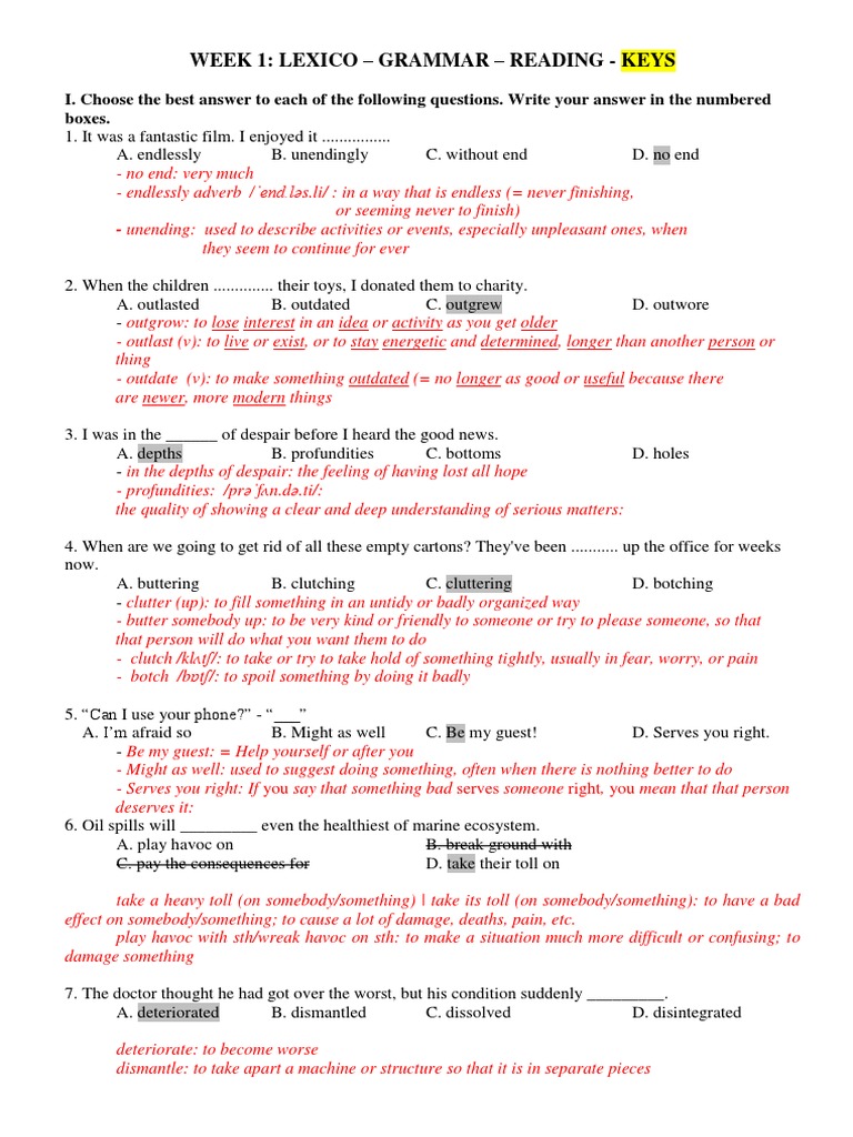 Week 1: Lexico - Grammar - Reading - Keys | PDF | Globalization | Poverty