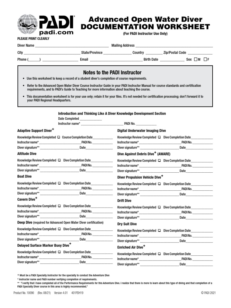 Advanced Open Water Diver Documentation Worksheet: Notes To The PADI ...