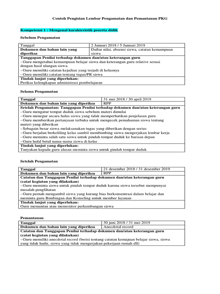 Contoh Pengisian Lembar Pengamatan Dan Pemantauan PKG | PDF