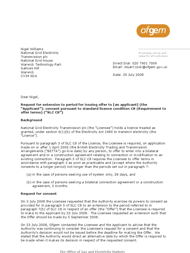 Ofgem Consent Request for Offer Extension | PDF | License | Electric ...