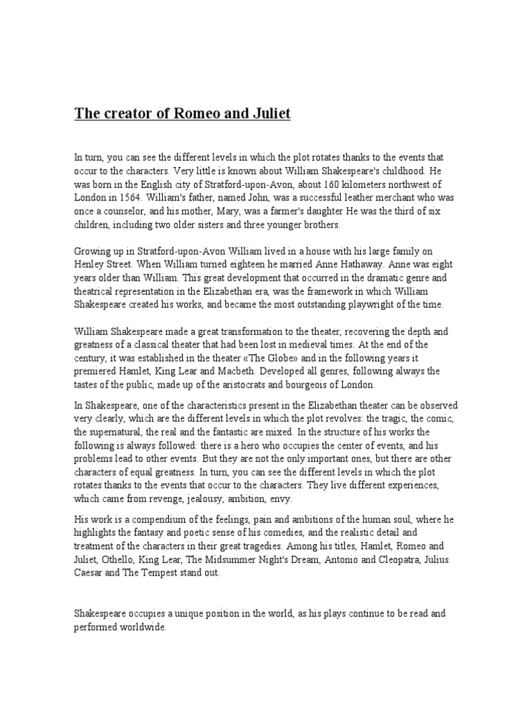 The Creator of Romeo and Juliet | PDF | William Shakespeare | Theatre