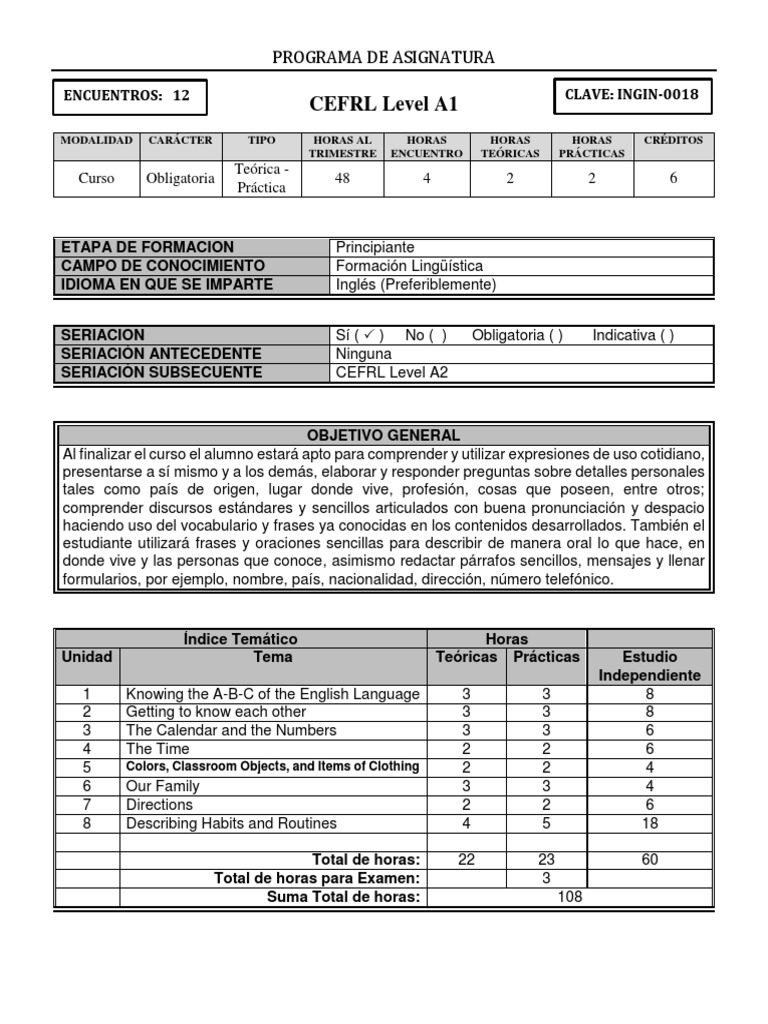Programa de Inglés A1 | PDF | Ciencia cognitiva | Lenguas de Europa