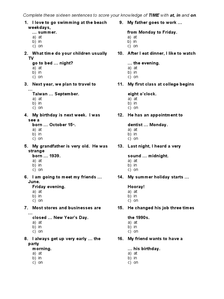 Mastering Time Prepositions: At, In, On | PDF | Observances