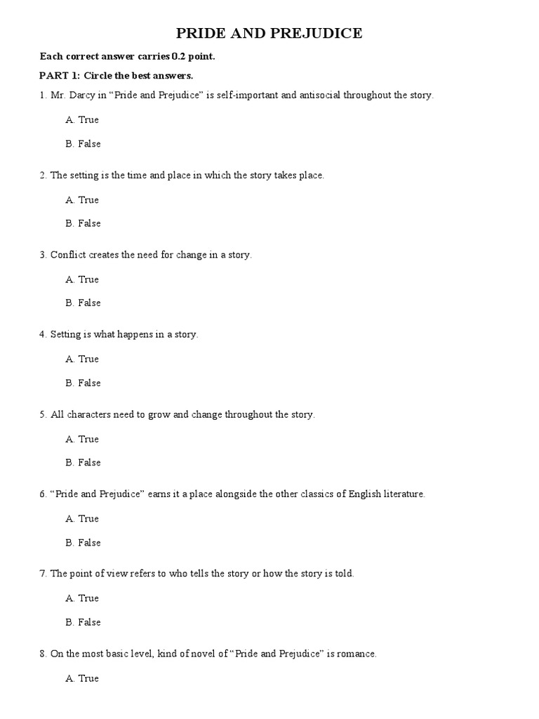 Pride and Prejudice: Each Correct Answer Carries 0.2 Point. PART 1 ...