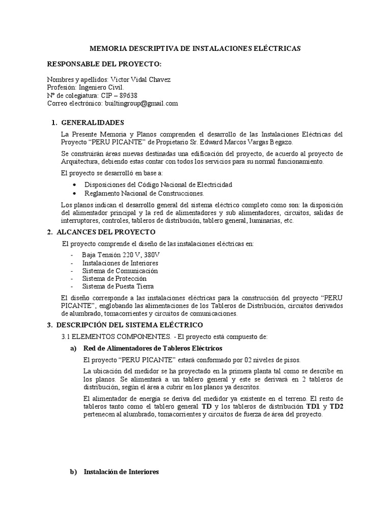 Memoria Descriptiva Iiee Iiss Peru Picante Final | PDF | Corriente eléctrica | Enchufes y tomas ...