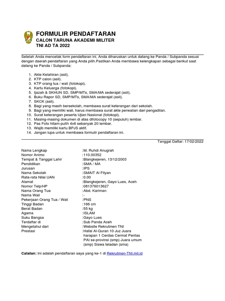 FORMULIR PENDAFTARAN TNI | PDF