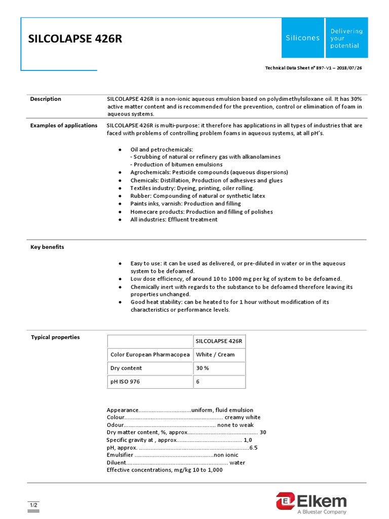 Silcolapse 426R: Description | PDF | Emulsion | Chemistry