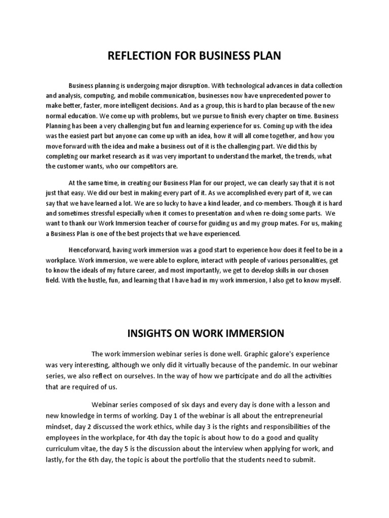 Reflection For Business Plan | PDF | Entrepreneurship | Curriculum