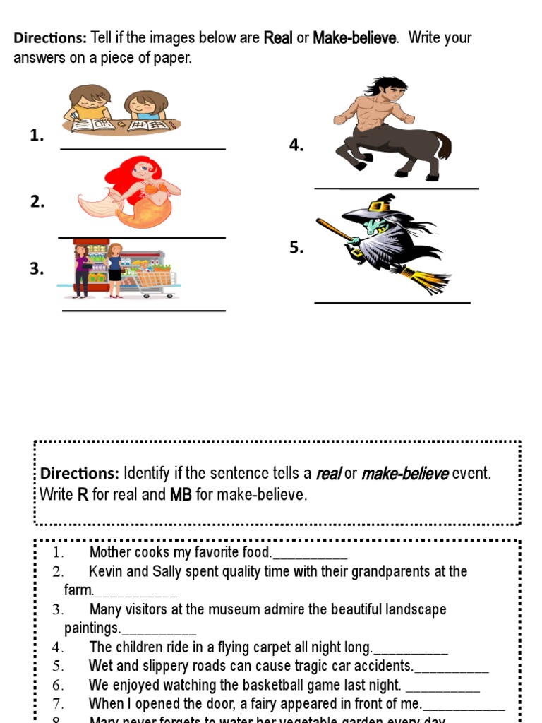 Real or Make-Believe Practice Worksheets No. 1-4 by Jenrap | PDF