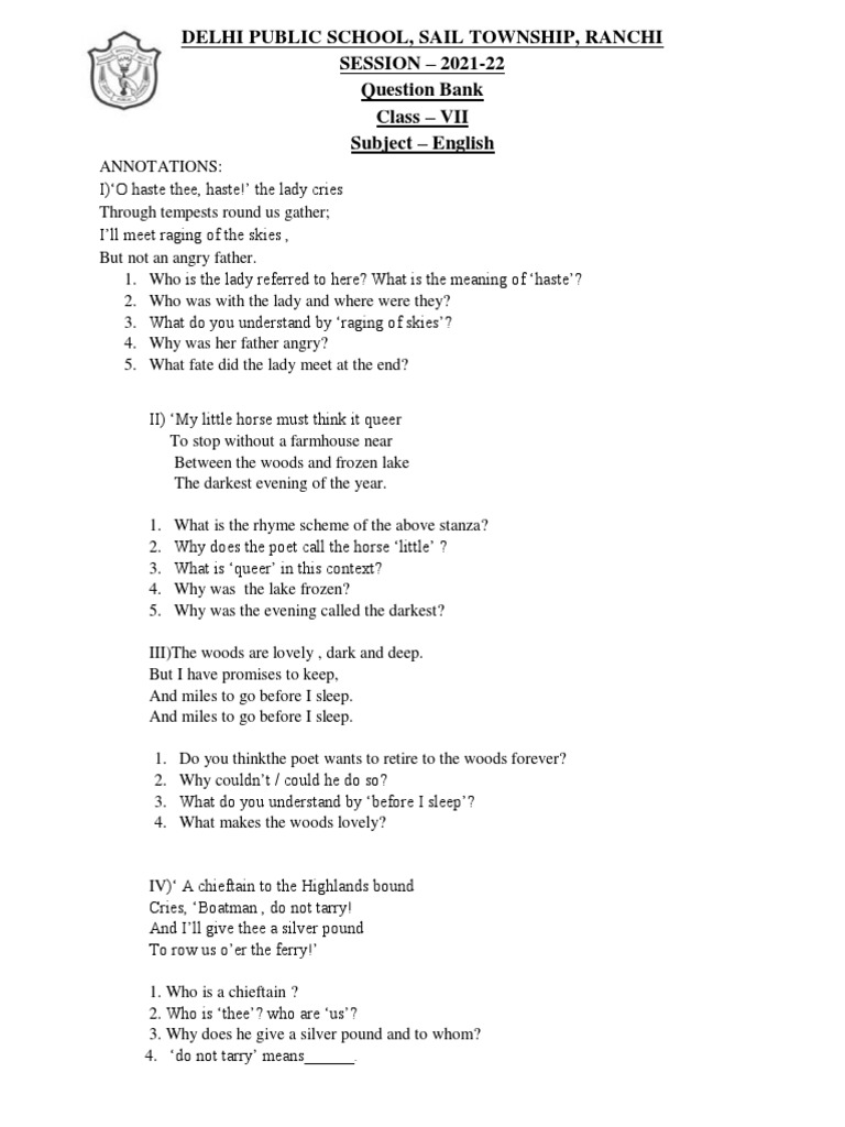 Class 7 English Question Bank 2021-22 | PDF | Soil | Verb