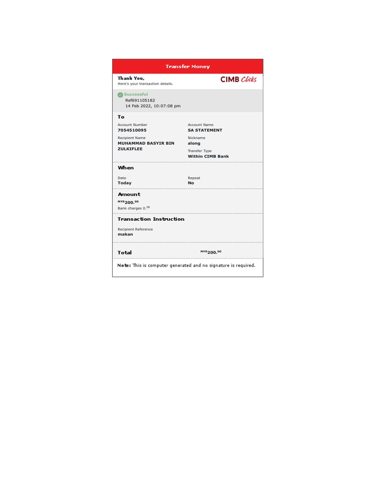 CIMB Bank Money Transfer Receipt | PDF