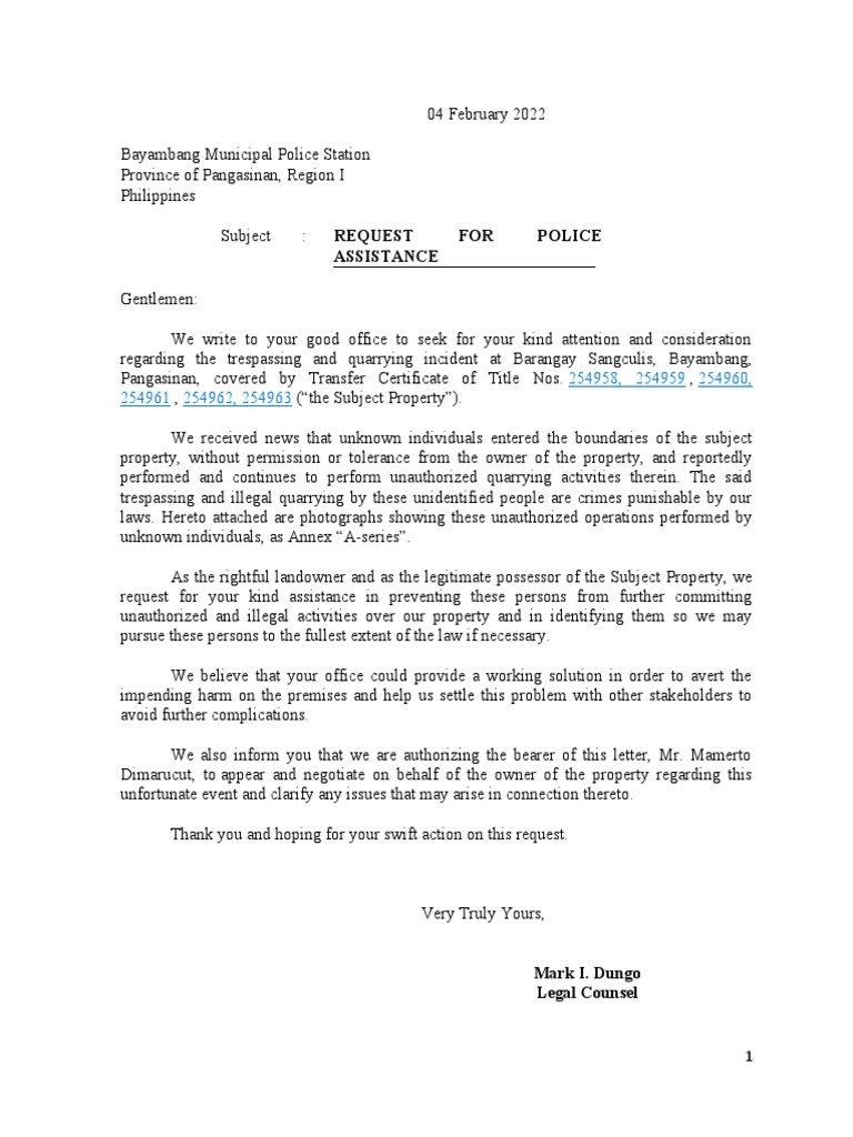 Letter Request Police Assistance Pdf