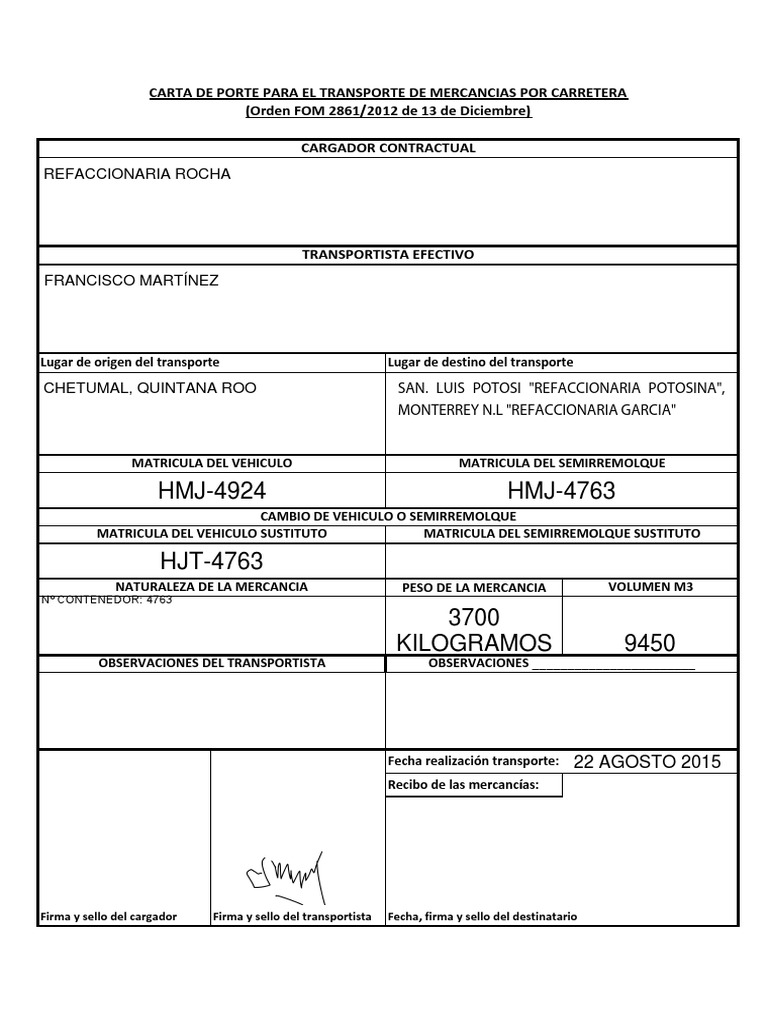 Carta de Porte para Transporte Terrestre | PDF