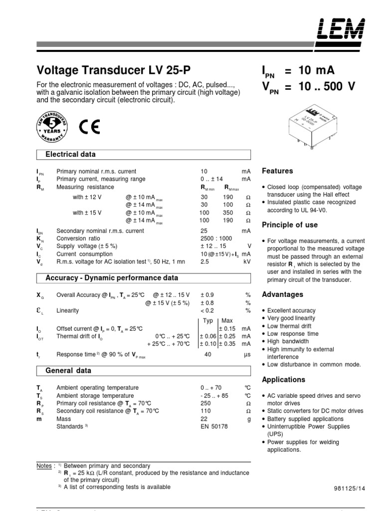 Voltage Transducer LV 25-P I 10 Ma V 10 .. 500 V | PDF | Voltage ...