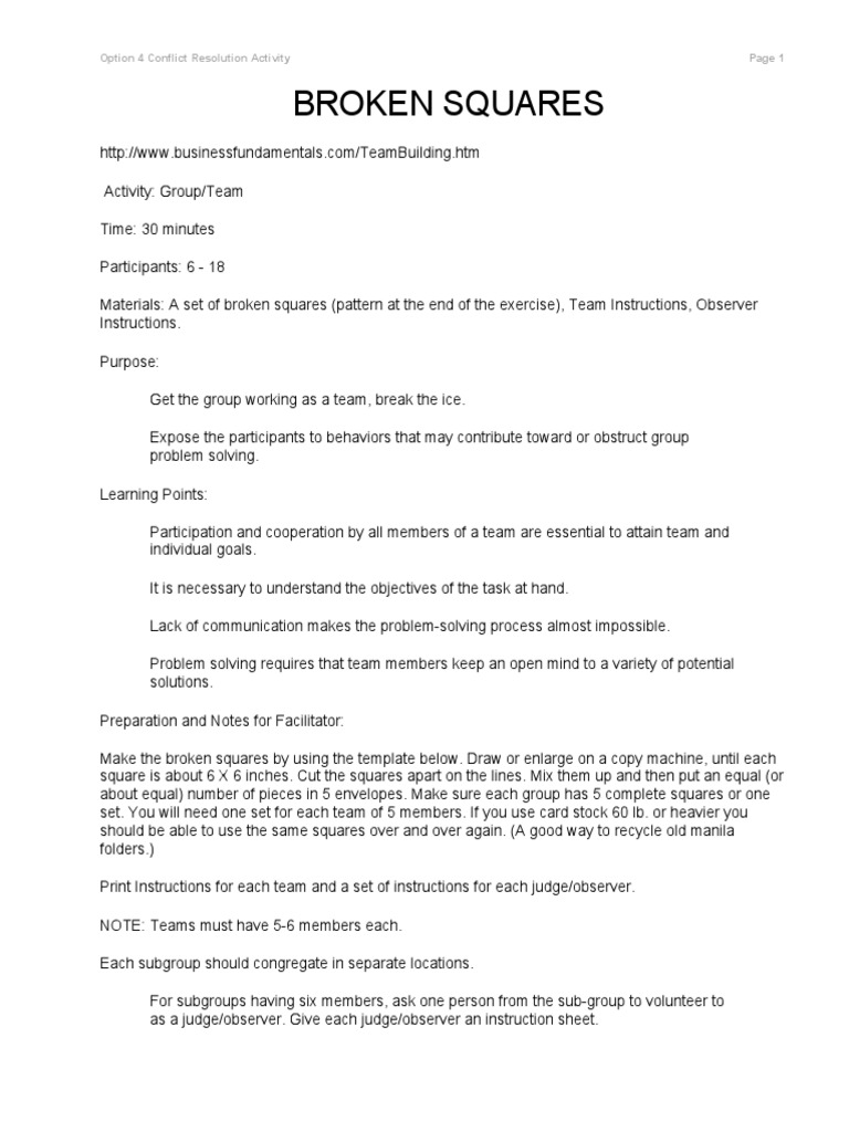 Broken Squares: Option 4 Conflict Resolution Activity | PDF | Conflict Resolution | Cognition