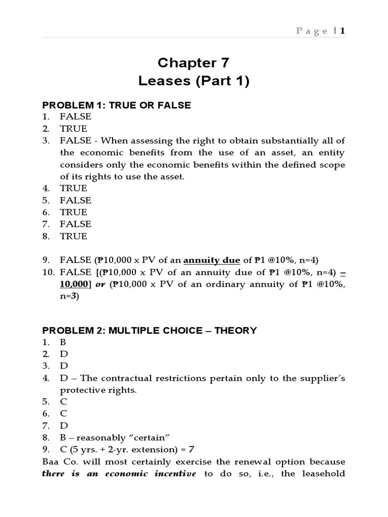 Leases Part 1 Problem 1 True Or False Pdf Expense Present Value