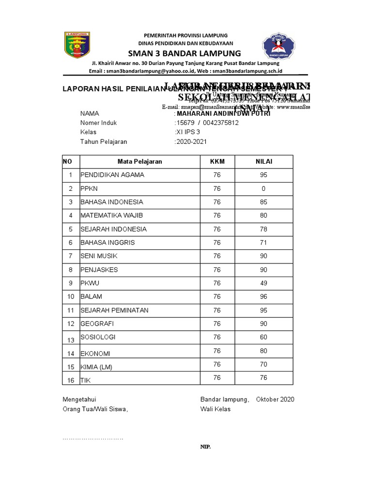 XI IPS 3 RAPORT MID Ganjil TP 2020-2021 | PDF