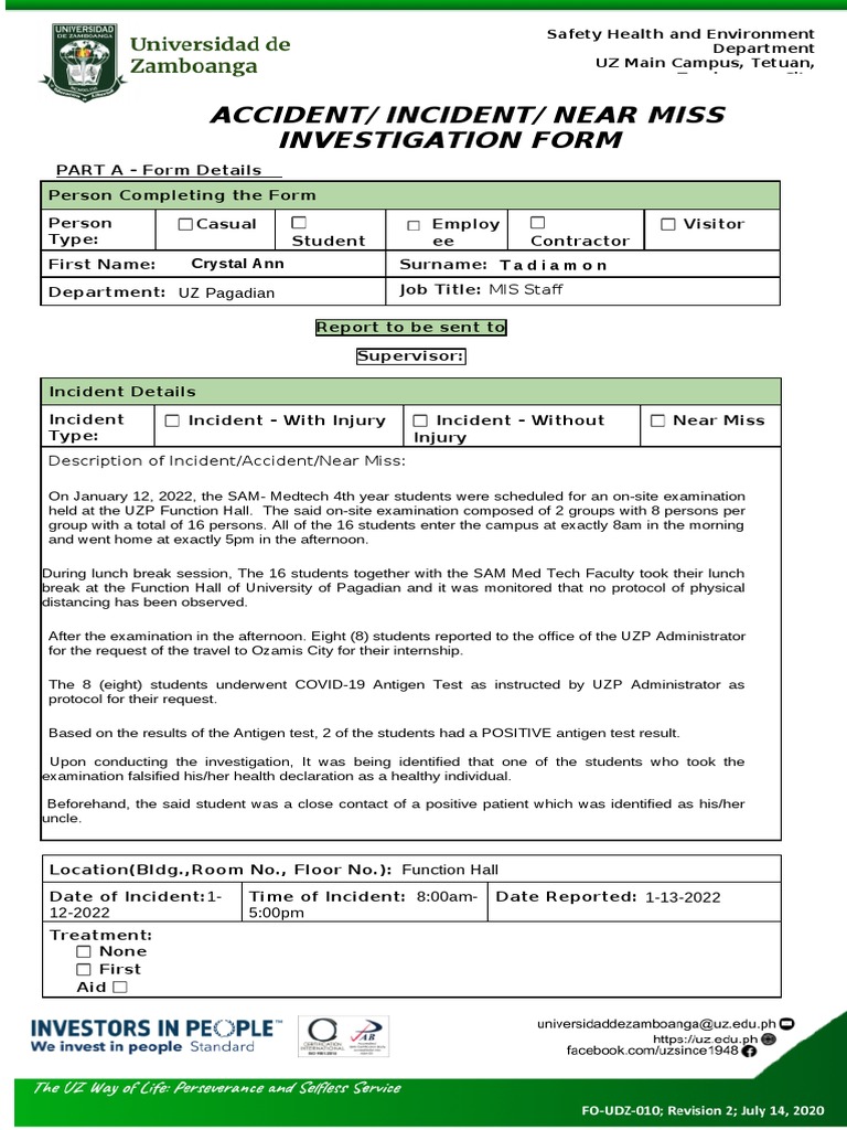 Accident/ Incident/ Near Miss Investigation Form | PDF | Medical ...