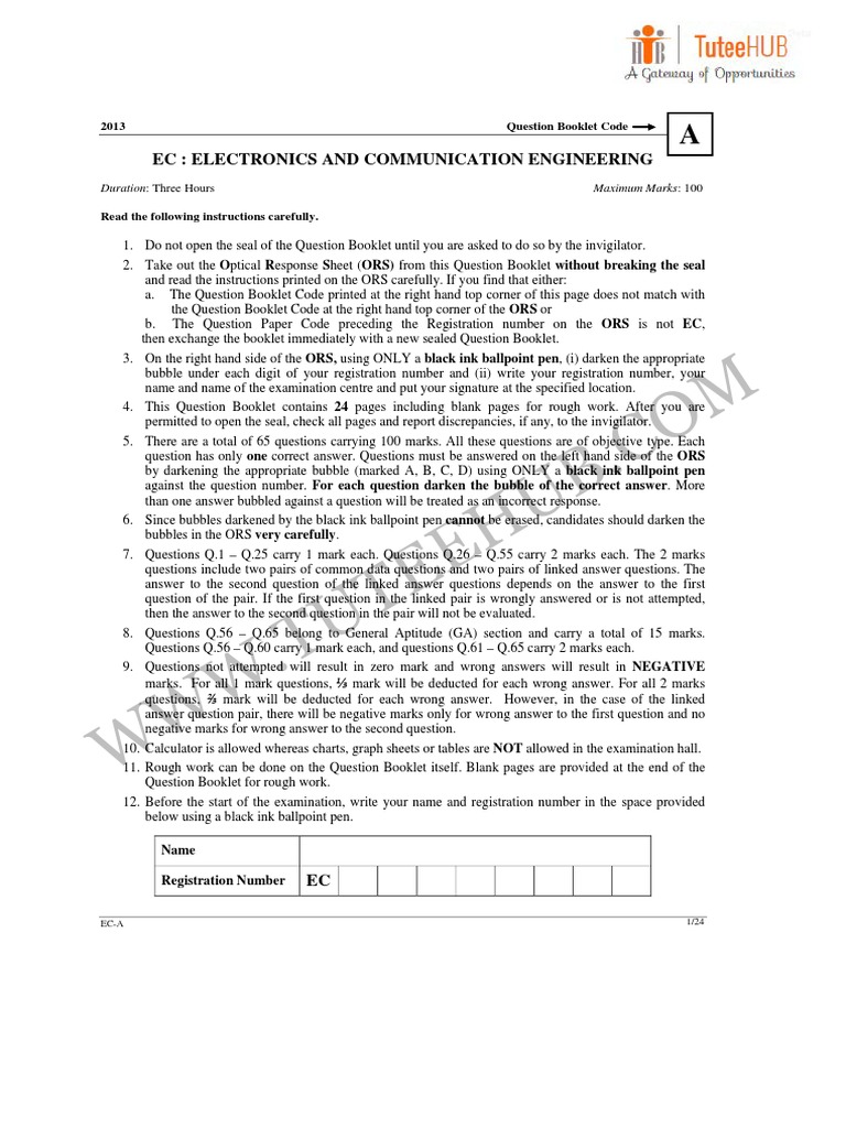 Ec: Electronics and Communication Engineering: Question Booklet Code ...