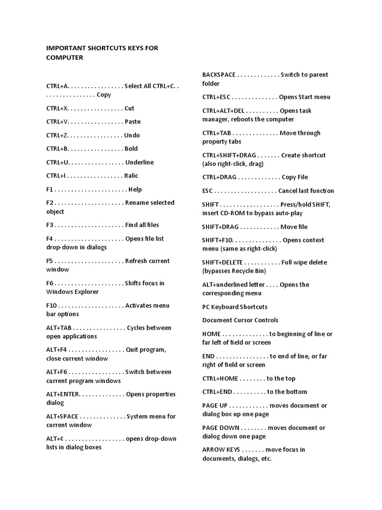 Important Shortcuts Keys For Computer | PDF | Text | Ibm Pc Compatibles