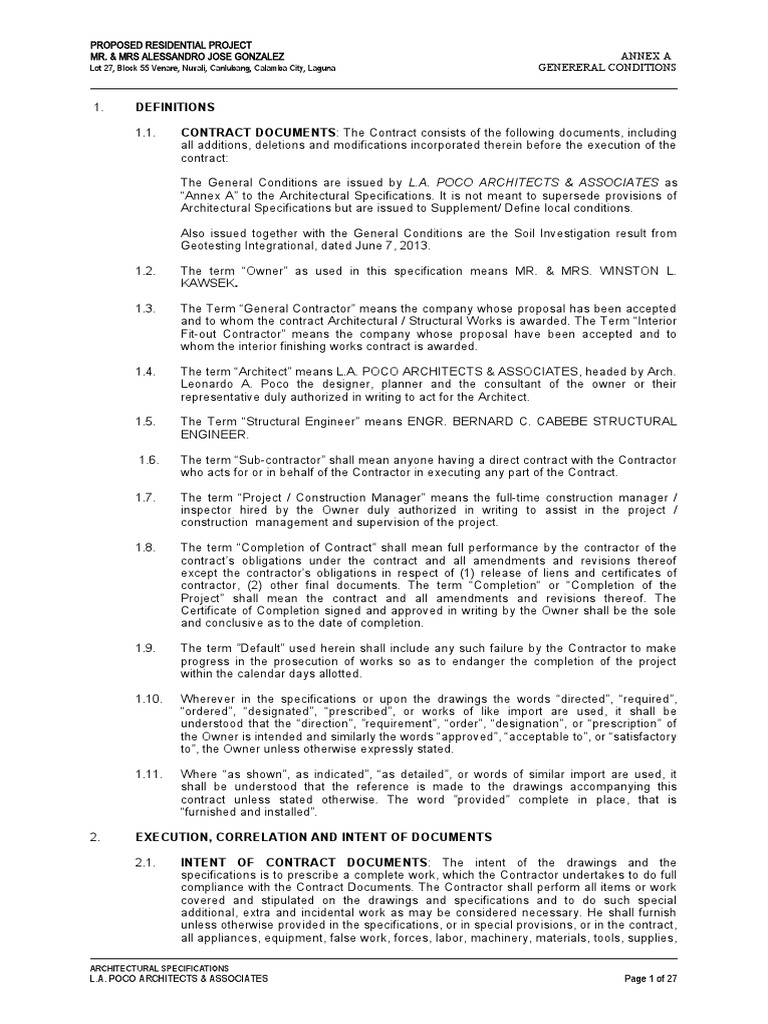 Definitions CONTRACT DOCUMENTS: The Contract Consists of The Following ...