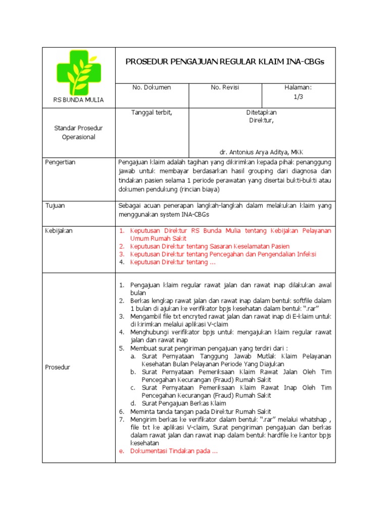 SPO PROSEDUR PENGAJUAN REGULAR KLAIM INA-CBGs | PDF