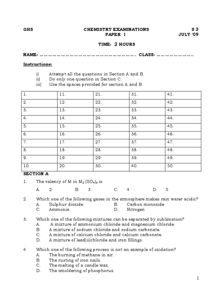 Chemistry - Senior 3 2009 | PDF | Oxide | Chlorine