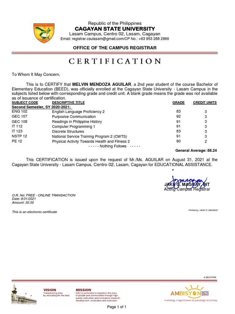 Certificate of Grades | PDF