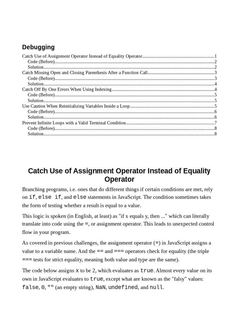 Debugging Catch Use Of Assignment Operator Instead Of Equality Operator Pdf Software