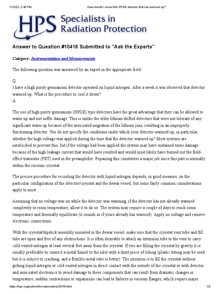 HPGE Detector Recooling Guide | PDF | Sensor | Vacuum Tube