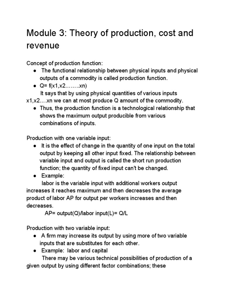 Module 3 - Theory of Production, Cost and Revenue | PDF | Production Function | Economics