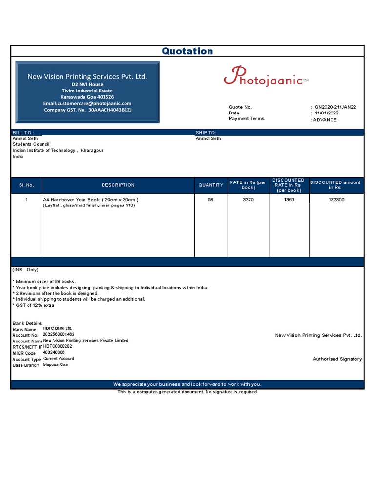 Quotation for A4 Hardcover Year Book | PDF | Payments | Banking