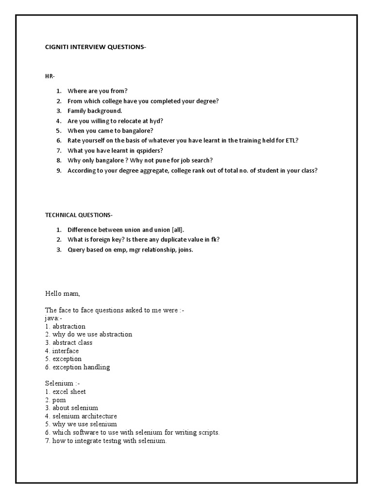 Cigniti Interview Questions | PDF