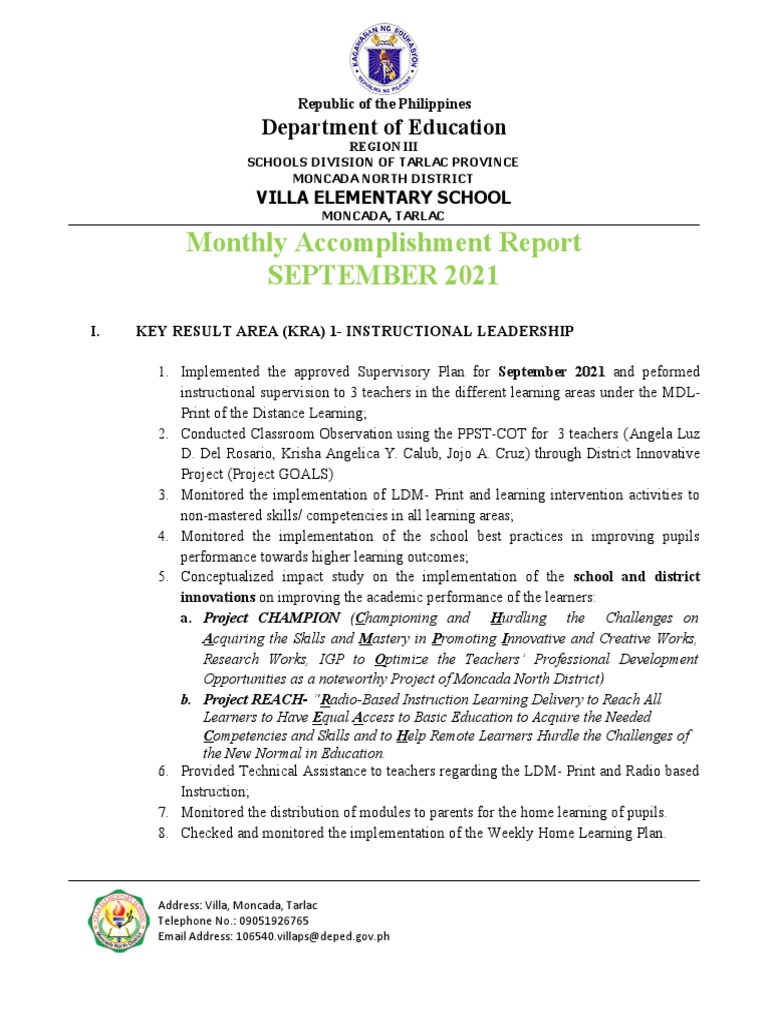 Sept-Ves - Monthly Accomplishment Report | PDF | Learning | Teachers