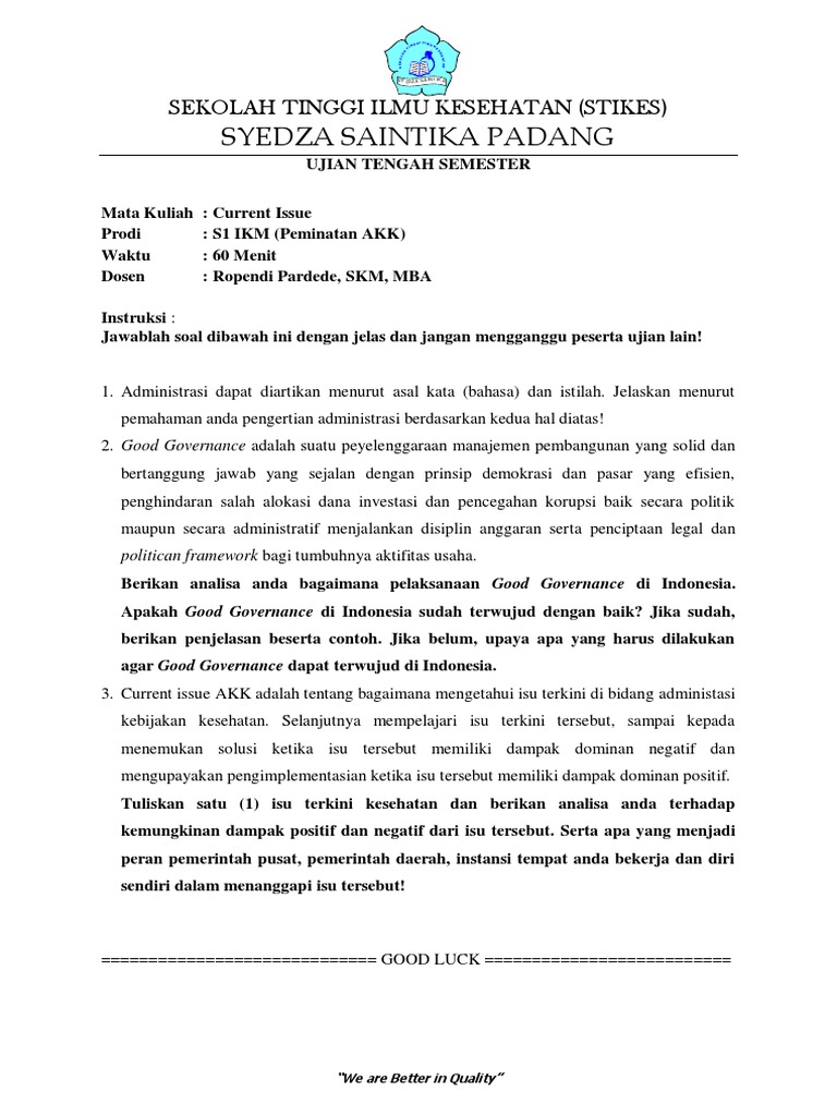 Soal Uts Current Issue NR Ikm | PDF