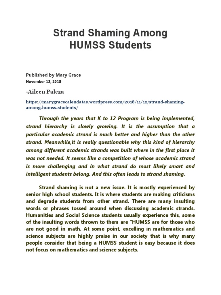 Strand Shaming Among HUMSS Students: - Aileen Paleza | PDF | Shame ...