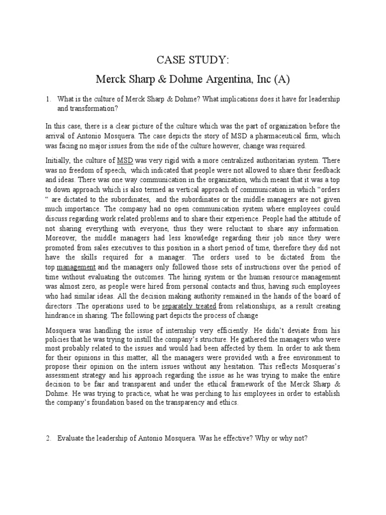 Case Study: Merck Sharp & Dohme Argentina, Inc (A) | PDF | Merck & Co. | Leadership