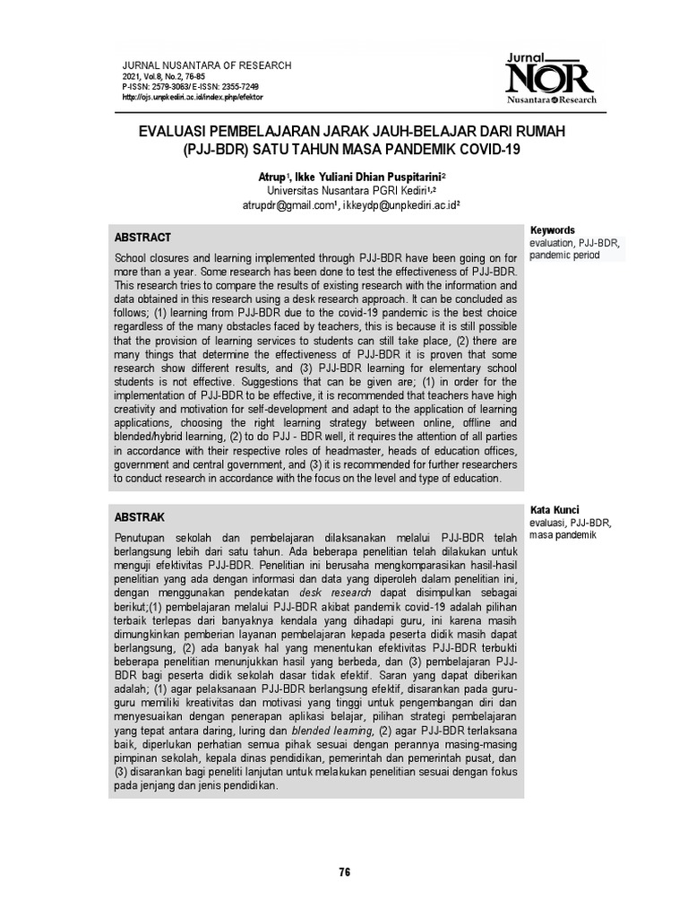 Evaluasi Pembelajaran Jarak Jauh-Belajar Dari Rumah (PJJ-BDR) Satu Tahun Masa Pandemik Covid-19 ...