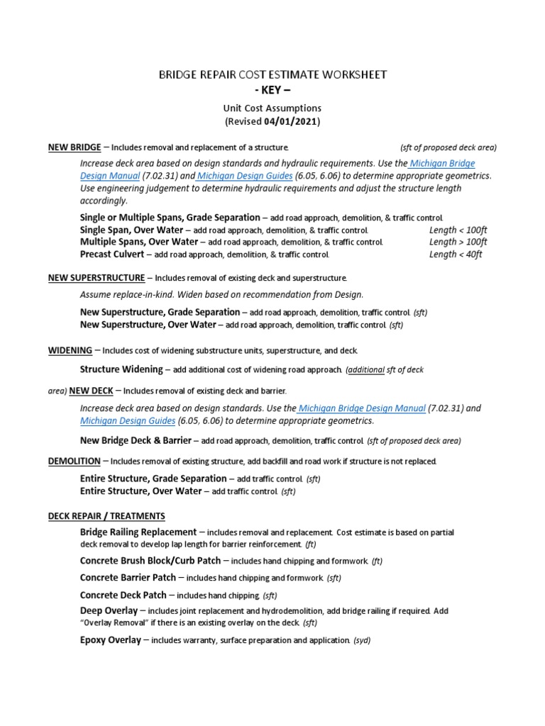 Bridge Repair Cost Estimate Worksheet: Unit Cost Assumptions (Revised ...