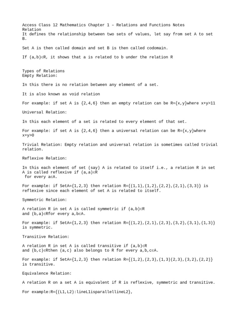 12th Cheat Sheet Chapter 1 | PDF