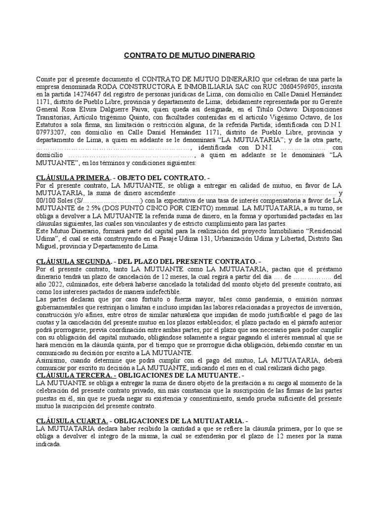 Contrato de Mutuo Dinerario: Cláusula Primera. - Objeto Del Contrato. | PDF