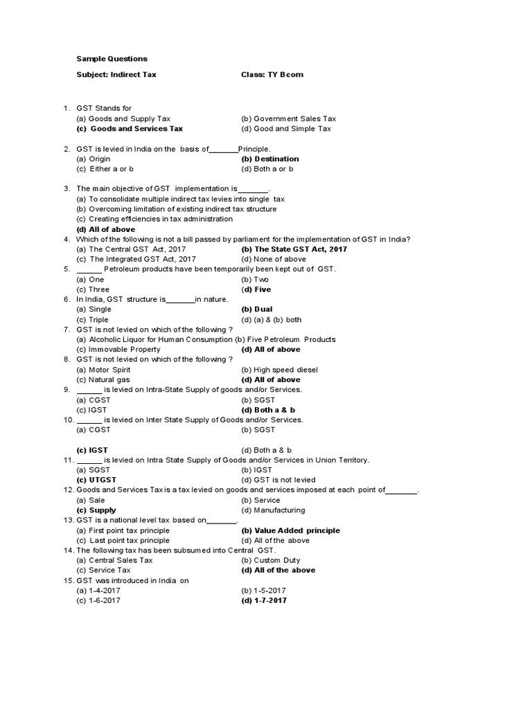 TYBCom-Sem-VI-Indirect Taxes-GST MCQs | PDF | Receipt | Invoice