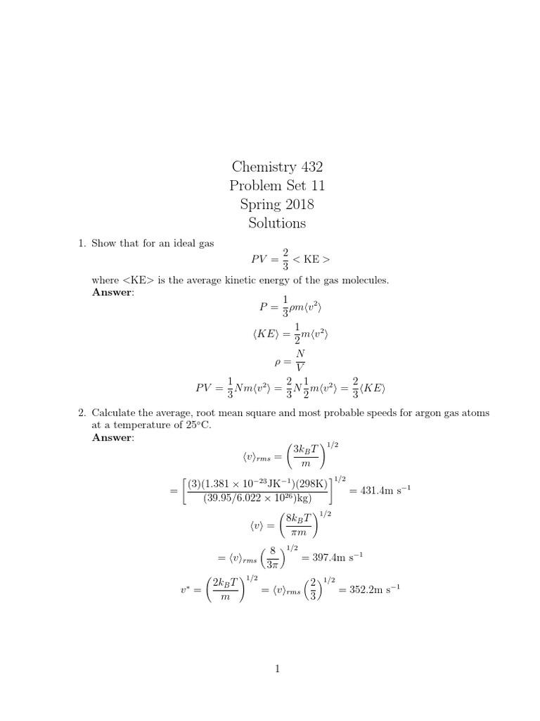 Chemistry 432 Problem Set 11 Spring 2018 Solutions | PDF | Gases | Physics