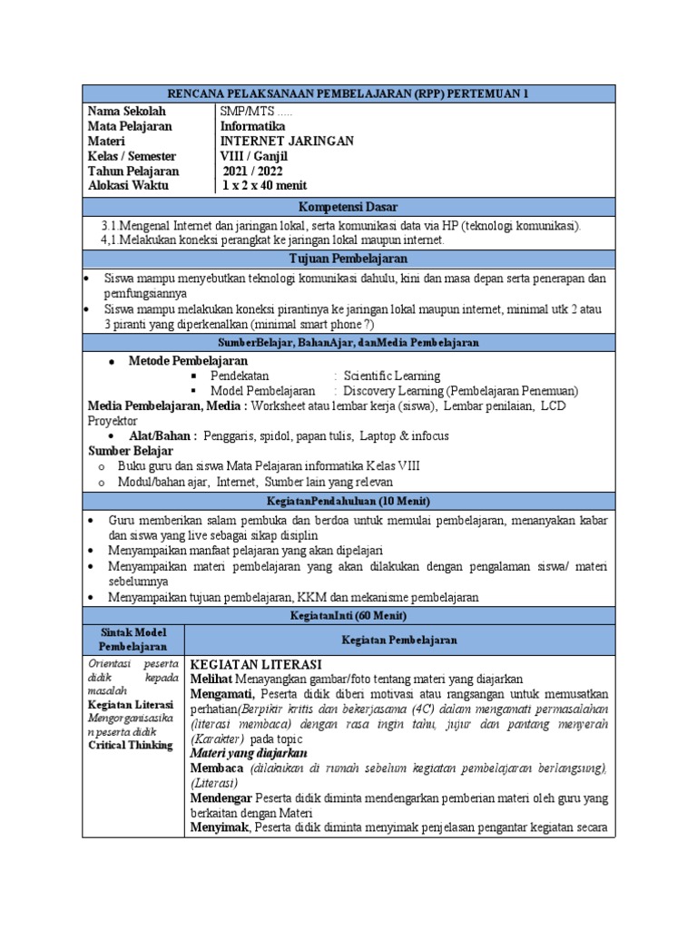 RPP Informatika Kelas 8 Ganjil Genap | PDF