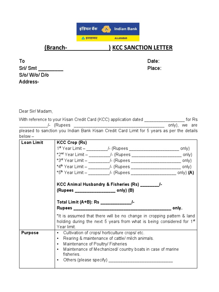 (Branch - ) KCC SANCTION LETTER: To Date: Sri/ SMT - Place: S/o/ W/o/ D ...