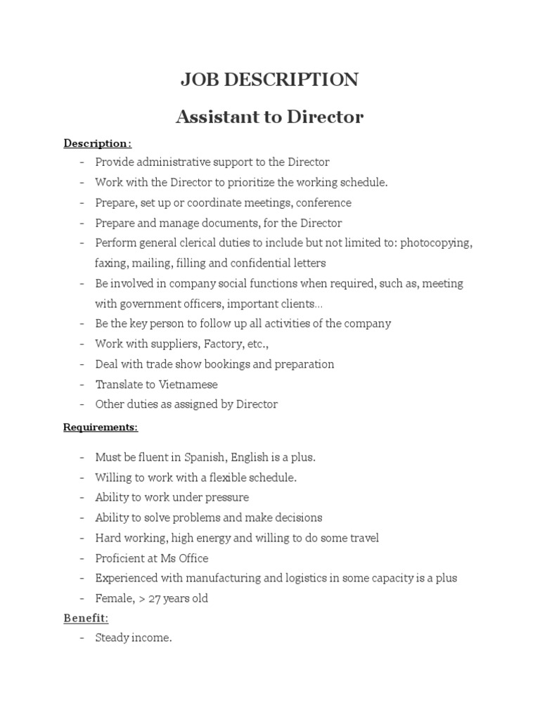 Job Description Assistant To Director | PDF
