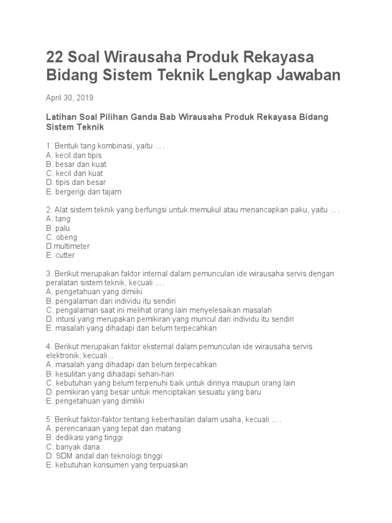 SOAL ULANGAN BAB 2 Wirausaha Produk Rekayasa Bidang Sistem Teknik ...