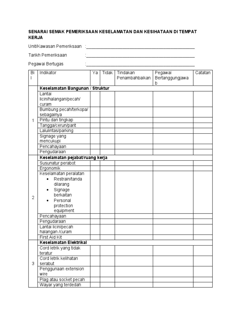 Senarai Semak Pemeriksaan Keselamatan Dan Kesihatan Pdf 
